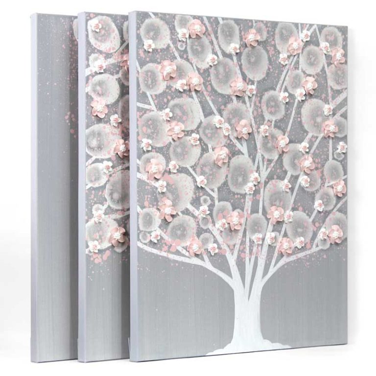 Gray and Pink Tree Canvas Art for Girl Nursery | Large | Amborela